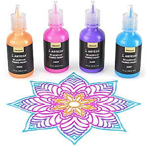 ARTEZA Fabric Paint, 30 Colors, Permanent 3D Paint, Glow-in-the-Dark, Glitter, Neon, and Metallic Hues, 30-ml Bottles, for Textiles, Canvas, and Wood