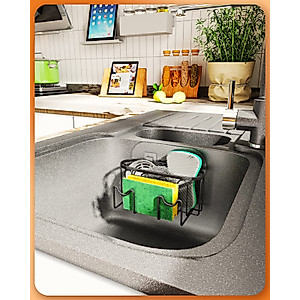 SWTYMIKI Sponge Holder for Kitchen Sink with Double Hook, Stainless Steel Kitchen Sink Caddy Multifunctional Kitchen Sink Organizer with Strong Adhesive for Sponge, Brush, Sink Stopper, Black
