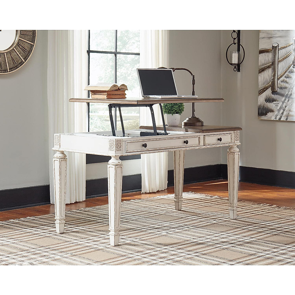 Signature Design by Ashley Realyn French Country 60" Home Office Lift Top Desk with USB Charging, Chipped White