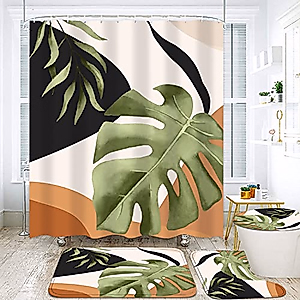 FZDHHY Abstract Tropical Shower Curtain Set Palm Leaf Botanical Bathroom Curtain Set Waterproof Bathtub Curtain with Bathroom Carpet Bath Mat Toilet Rugs