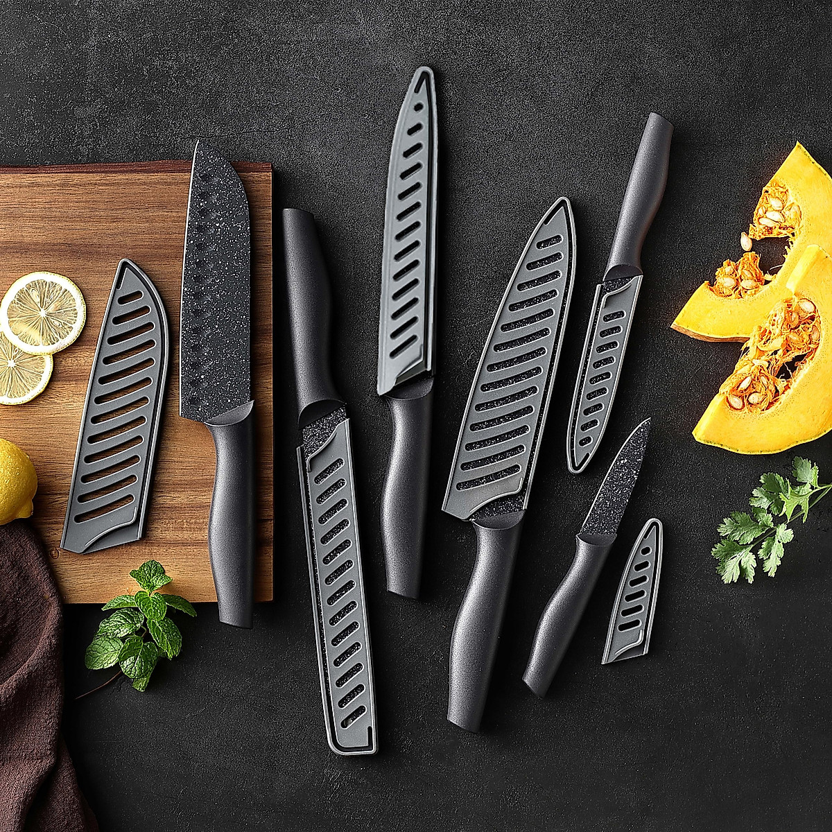 Marco Almond Kitchen Knife Set, KYA39 12-Piece Chef Knife Sets, 6 Knives with 6 Blade Guards, Stainless Steel Knives Set for Kitchen with Covers, Black