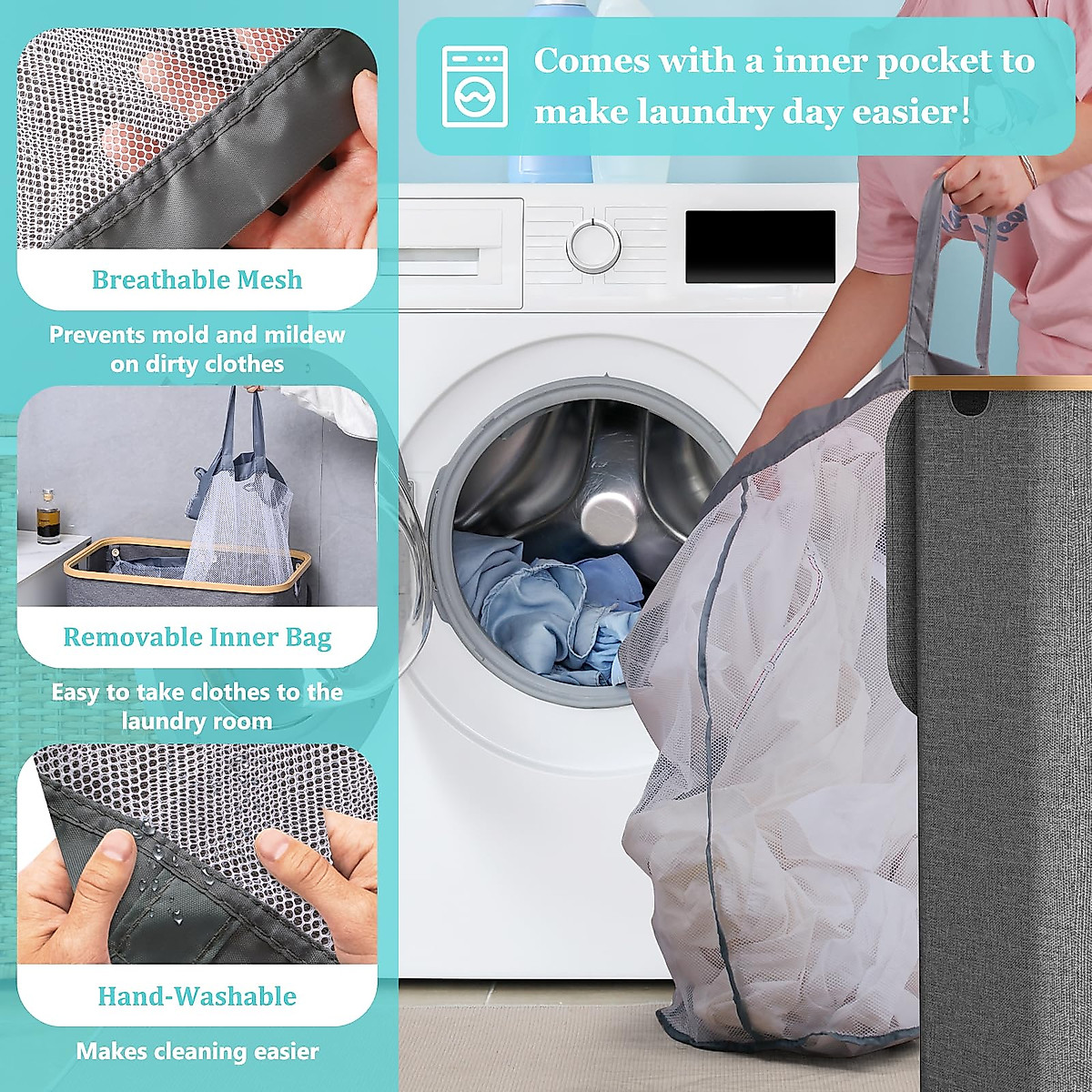 IHOMAGIC Laundry Hamper with Lid, 95L Collapsible Laundry Basket, Slim Laundry Hamper with Removable Inner Bag and Handles, Large Laundry Basket, Dirty Clothes Hamper for Dorm, Laundry Room, Grey