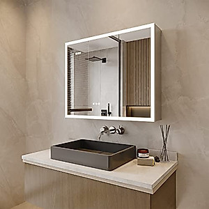 LIGMIRR Bathroom Medicine Cabinet with Lights, 36×30 Inch LED Medicine Cabinet with Mirror, Double Door Lighted Medicine Cabinet with Defogger, Dimmer, Clock & Temp Display, 2 Outlets & USB Ports