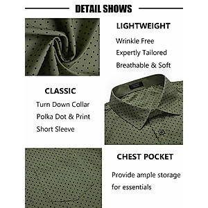 COOFANDY Mens Polka Dot Printed Shirt Short Sleeve Buton Down Casual Summer Party Dress Shirt Army Green