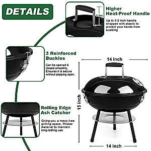 Joyfair Charcoal Grill with 2 Grilling Racks, 14in Small Portable BBQ Grill with Lid for Outdoor Camping/Patio/Backyard Barbecue/Tabletop Cooking, Enamel Coated & Dual Vent System, Black