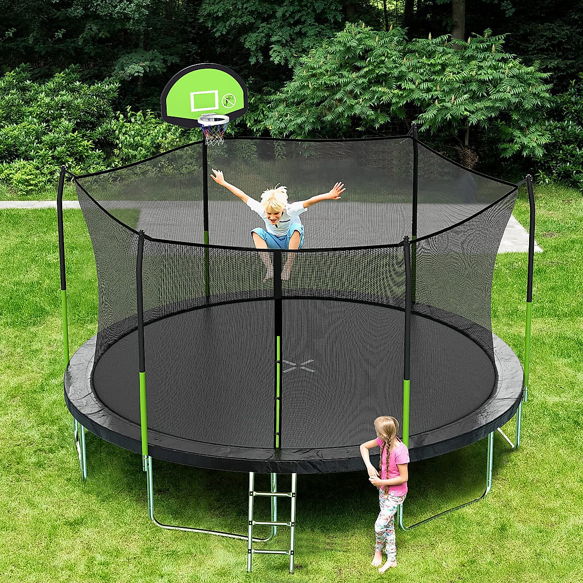 AOTOB 14FT Trampoline with Safety Enclosure Net, Outdoor Trampoline with Basketball Hoop,Heavy Duty Jumping Mat and Spring Cover Padding for Kids and Adults, Storage Bag and Ladder Green