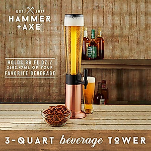 Hammer + Axe Beer Tower Drink Dispenser with Pro-Pour Tap and Freeze Tube to Keep Beverages Ice Cold, Perfect for Parties and Gameday, Home Bar Accessories, 2.75 Qt./2.6 L, Copper Finish, Holiday Gift