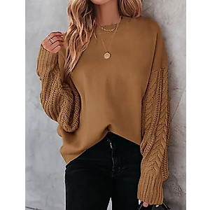 ZESICA Women's 2023 Fall Long Sleeve Crew Neck Solid Color Cable Knit Chunky Casual Oversized Pullover Sweater Tops,Camel,Large