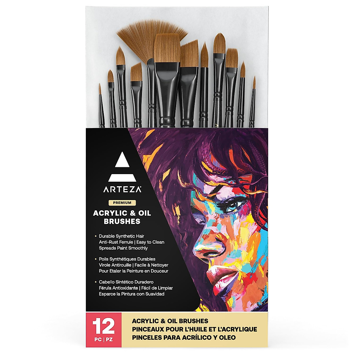 Arteza Paint Brushes, Set of 12, Premium Synthetic Acrylic & Oil Paint Brushes with Brass Ferrules & Wooden Birch Handles, Painting Art Supplies for Beginners and Experts