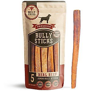 Bully Bunches Premium 12 Inch Jumbo Odor-Free Bully Sticks for Medium & Large Dogs - Long Lasting Chews for Oral Care - All Natural & Single Ingredient, 100% Beef Dog Treat, Rawhide Free (5 Pk)