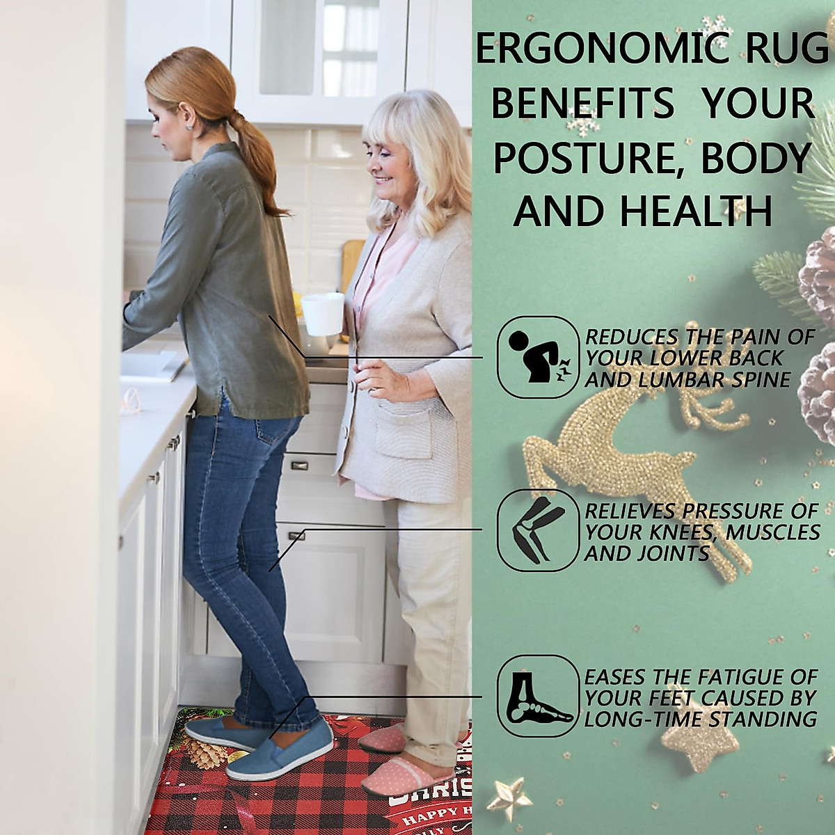 Cekene Anti Fatigue Kitchen Mat Set of 2 Christmas Memory Foam Thick Cushioned Rugs for Kitchen Non-Slip Standing Mat 17"×28" and 17"×47" Waterproof Wipeable