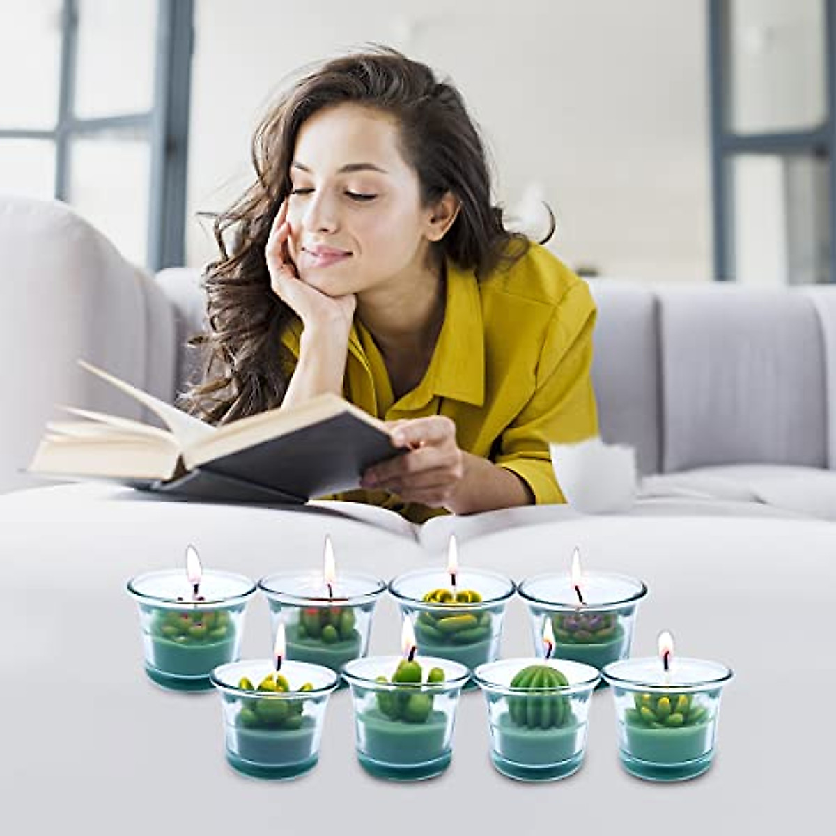 Amusaer Succulent Cactus Tealight Candles in Glass 12 Set Bulk Small Soy Wax Candles for Wedding, Party Favors, Baby Shower, Bridal Shower Green