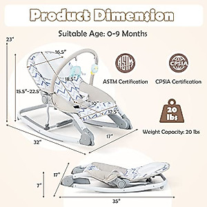 BABY JOY Baby Bouncers for Infants, 2 in 1 Foldable Toddler Bouncy Seat w/ Rocker & Stationary Modes, 3-Position Adjustable Backrest, Removable Bar, Portable Bouncer for Babies 0-6 Months (Gray)