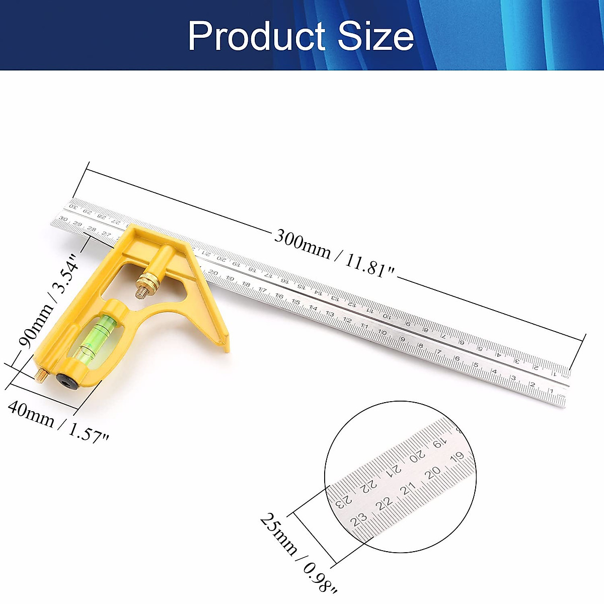 Bettomshin 1Pc 300mm/12inch Right Angle Ruler, 304 Stainless Steel Engineers Combination Try Square Set Yellow Base, Square Ruler Measuring Gauge for Carpenter Engineer