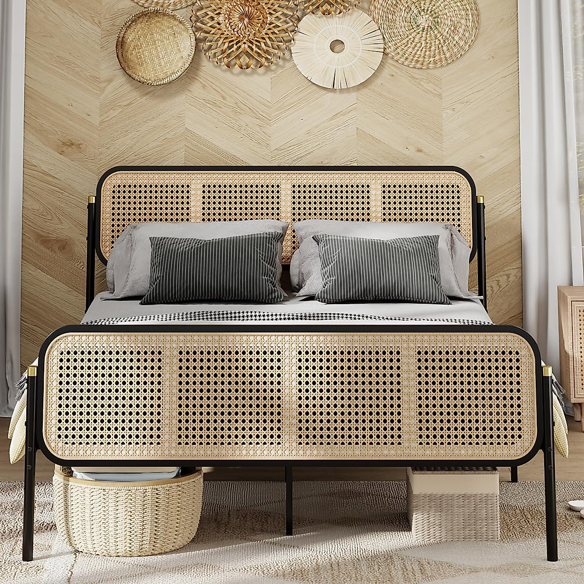 VOPEAK Rattan Bed Frame Full Size with Headboard, Boho Bed Frame, Full Bed Frame with Strong Metal Slats Support, Easy Assembly Mattress Foundation, Noise Free, No Box Spring Needed, Black