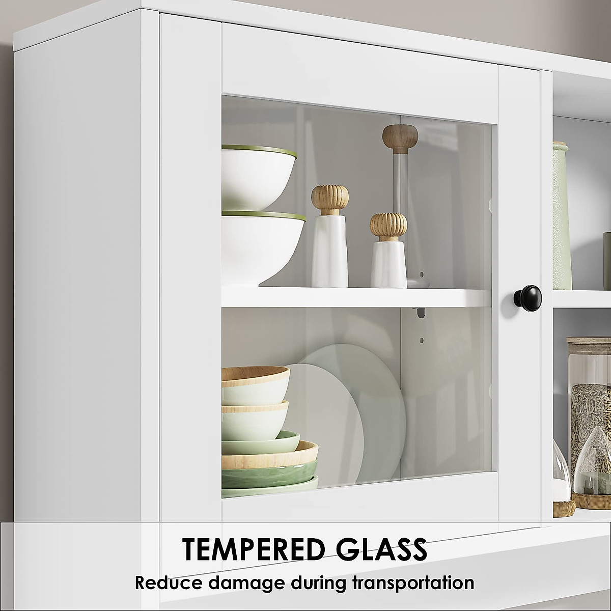 FACBOTALL 71'' Tall Kitchen Pantry Storage Cabinet with Large Countertop, Kitchen Buffet Hutch Cabinet with 2 Adjustable Shelves & Tempered Glass Doors, 4 Handless Drawers for Home, White