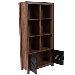 Flash Furniture New Lancaster Collection 59.5"H 6 Cube Storage Organizer Bookcase with Metal Cabinet Doors in Crosscut Oak Wood Grain Finish