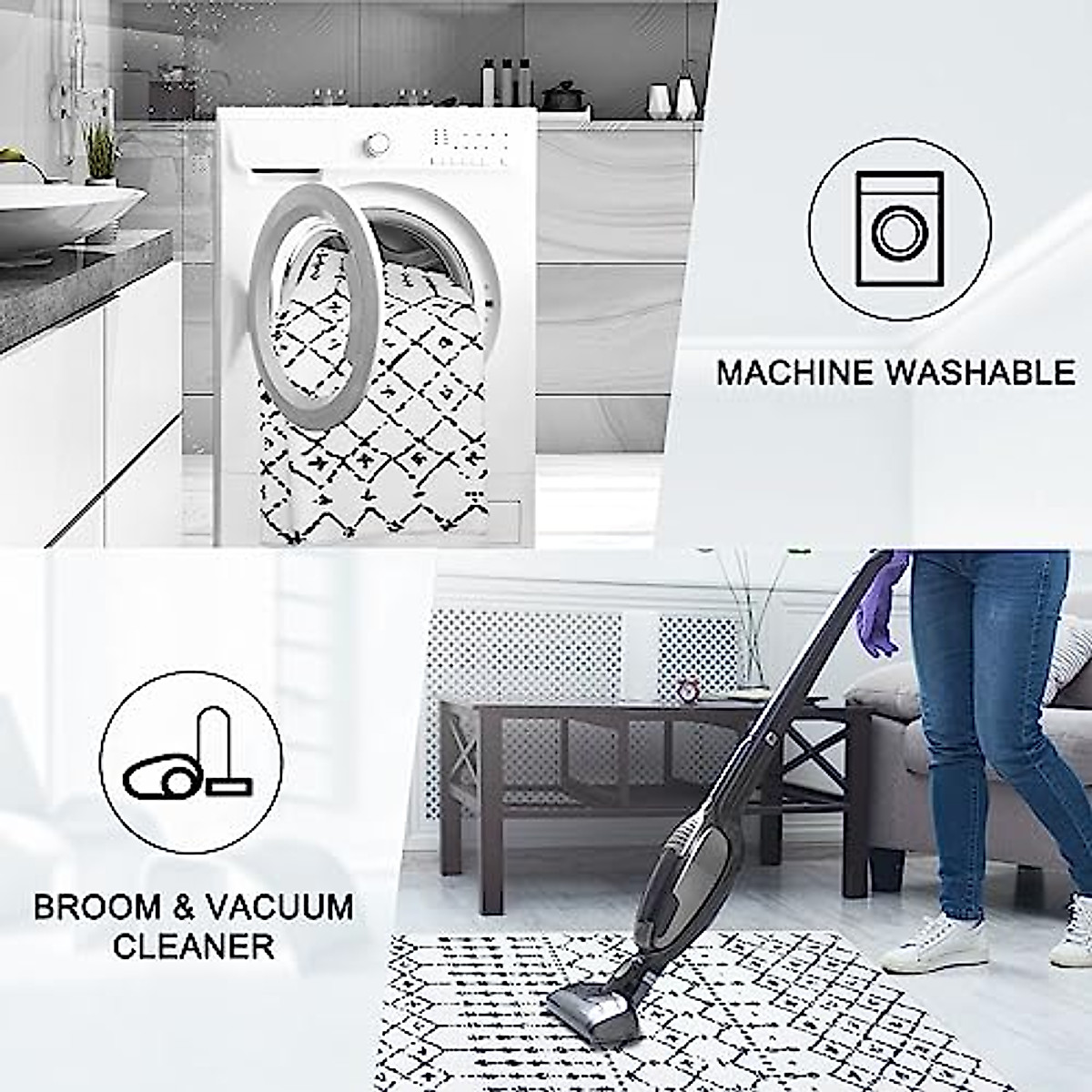 LIVEBOX Black and White Runner Rug 2.5x8 - Washable Rug Runner for Hallway Thin Boho Rug for Entryway, Moroccan Non-Slip Rug for Bedroom, Geometric Throw Carpet for Bathroom Laundry Room