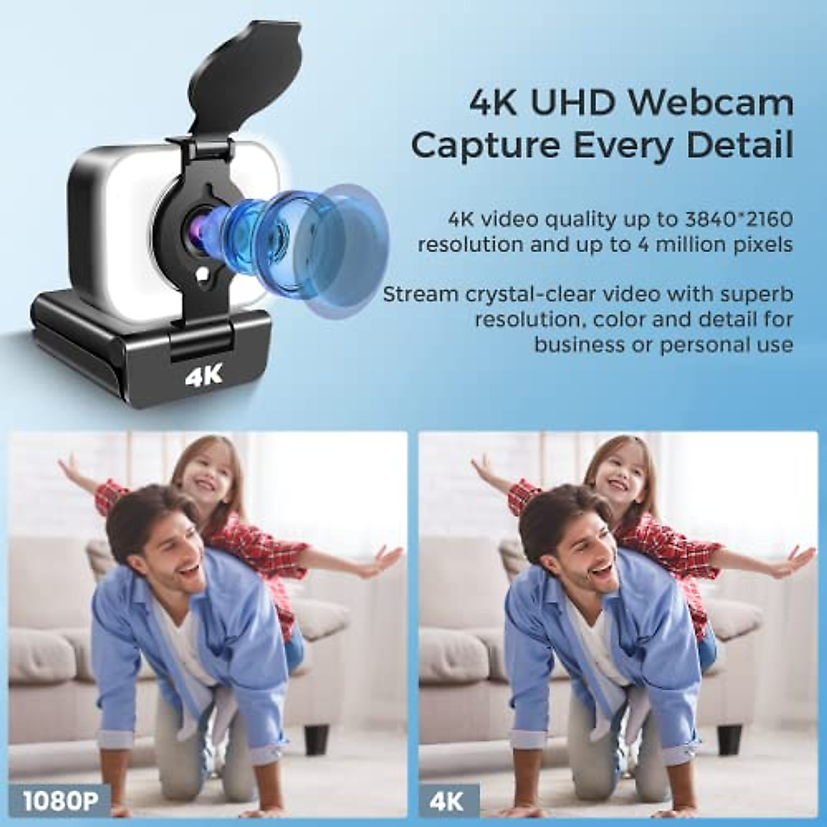 4K Webcam, USB Webcam with Microphone Privacy Cover UHD Built-in Ring Light Streaming Webcams for PC/MAC/Laptop, Plug and Play Web Camera for Video Calling, Study, Gaming, Online Classes, Conference