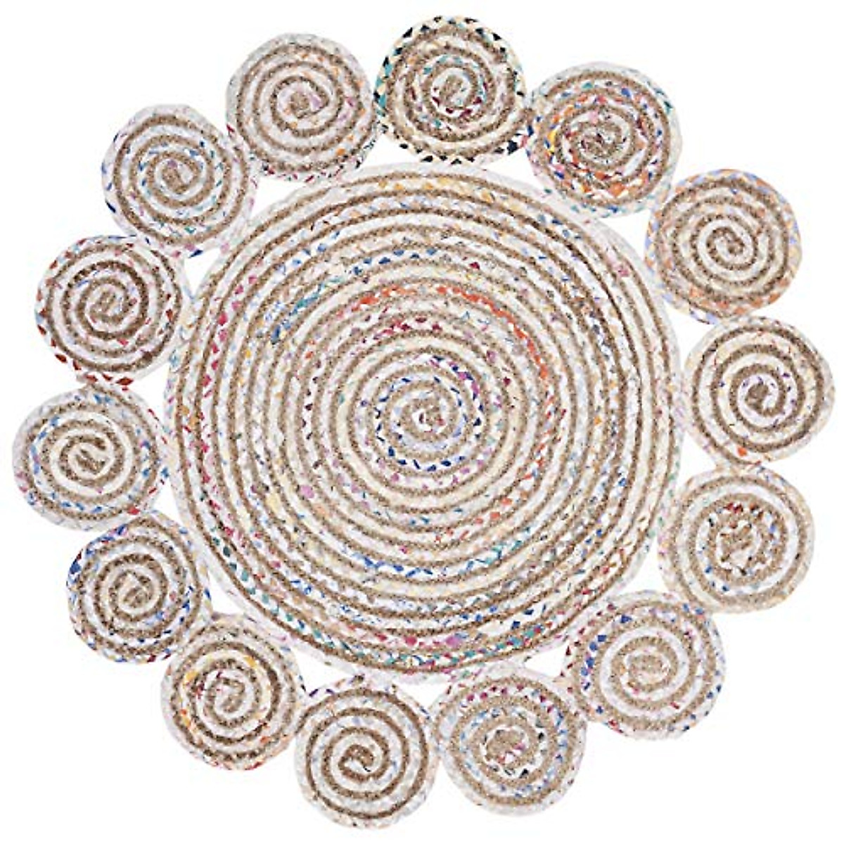SAFAVIEH Cape Cod Collection Area Rug - 3' Round, Ivory & Multi, Handmade Boho Braided Jute & Cotton, Ideal for High Traffic Areas in Living Room, Bedroom (CAP211A)