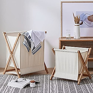 generic Laundry Basket Collapsible Bamboo Laundry Hamper with Cloth Bag - Freestanding X-Frame Clothes Hamper Organizer Household Storage Basket for Clothes Toys - Beige, 18x5x2 Inch