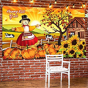 Blulu Happy Fall Y'all Party Decoration Backdrop Welcome Fall Scarecrow Harvest Decorative Autumn Background for Halloween Thanksgiving Party Décor Harvest Time Pumpkin (Orange Fall)