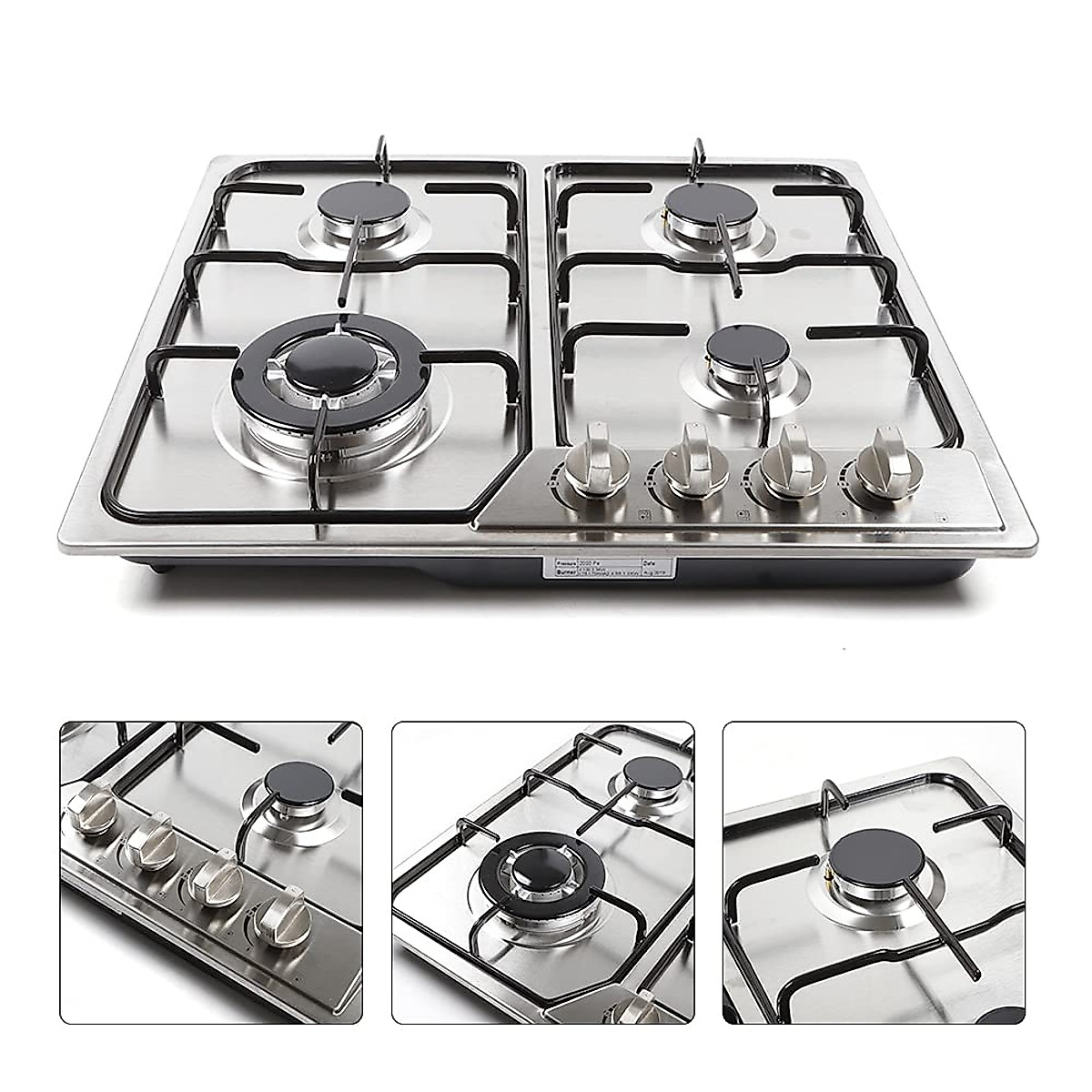 4 Burner Natural Gas Cooktop, Portable Gas Stove, Built-In Natural Gas Stove Cooker Stainless Steel Cooktop Cast Iron Grates Gas Stovetop, for Apartment, Indoor (Not Included Gas Pipe)