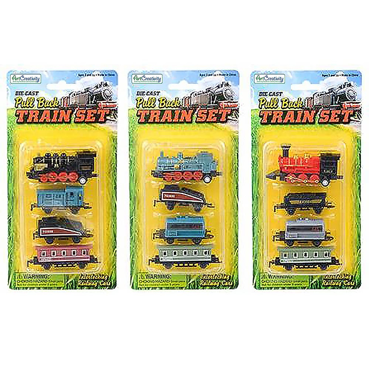 ArtCreativity Mini Locomotive Train Playset for Kids, Set of 3, Each Set with 1 Locomotive and 3 Carts, Diecast Train Toy for Boys and Girls with Pullback Motion, Great Birthday Gift