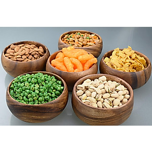 PACIFIC MERCHANTS Acacia Wood 7-Piece Round 12" x 4" Large Salad Bowl Set with Four 6" x 3" Salad Bowls and Servers