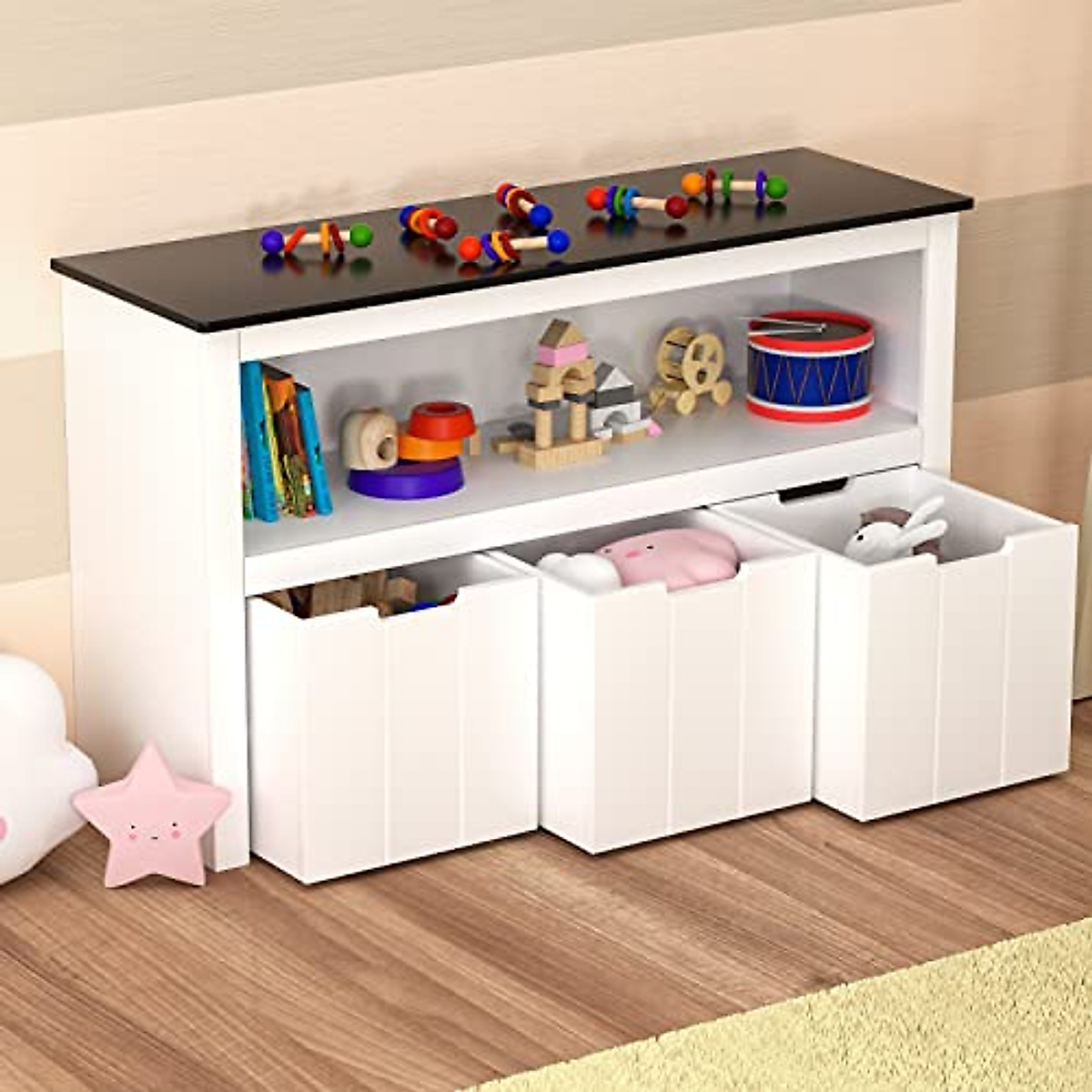 AUXSOUL Toy Storage Organizer - Kids Toy Organizers with Blackboard - 3 Storage Bins and Open Shelf - Suitable for School Classroom, Children's Room, Playroom, Hallway(White)