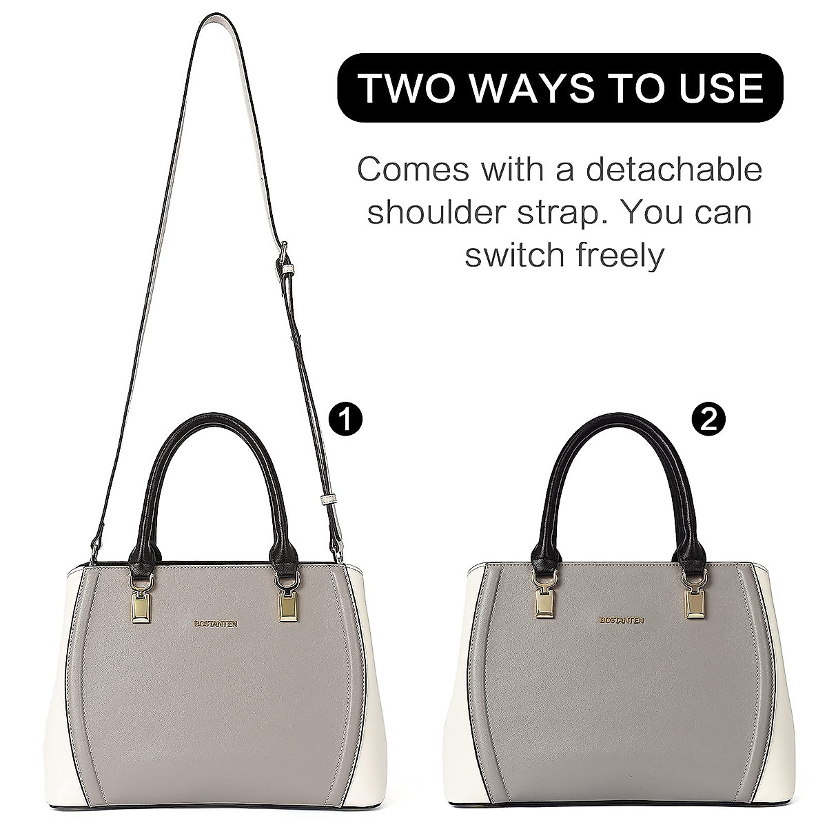 BOSTANTEN Women Leather Handbag Designer Top Handle Satchel Shoulder Bag Crossbody Purses and Women Leather Wallet RFID Blocking Small Bifold Zipper Pocket Wallet Card Case Purse with ID Window Grey