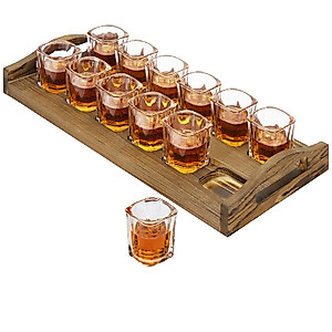 MyGift 13-Piece Shot Glass Set with Rustic Burnt Wood Serving Tray with Handles, Shooters Shot Glasses