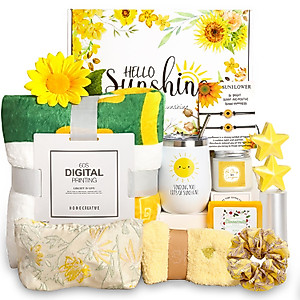 Sunflower Gifts for Women, Unique Birthday Gifts Box Get Well Soon Self Care Gifts Basket with Blanket Tumbler Candle for Daughter Sister Mom Best Friend, Sending Sunshine for Her
