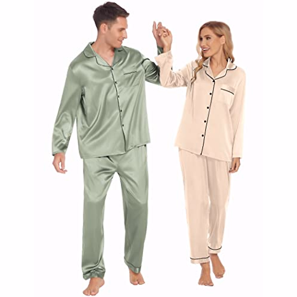 Ekouaer Silky Pajamas for Women Long Sleeve Satin Top with Long Lounge Pants Set Pockets Sleepwear Pjs (Champagne,M)