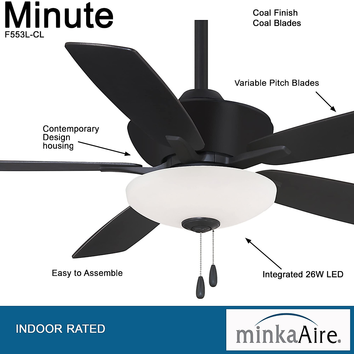 MINKA-AIRE F553L-CL Minute 52 Inch LED Energy Star Rated Ceiling Fan with DC Motor and 3 Speed Pull Chain in Coal Finish