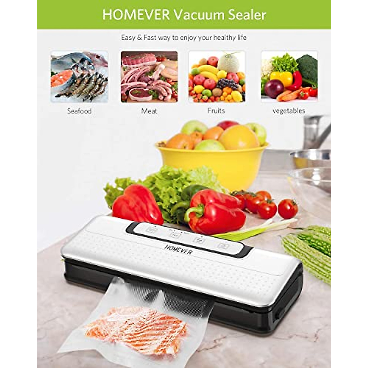 HOMEVER Vacuum Sealer Machine, Automatic Food Sealer with Led Indicator Lights Easy to Clean Dry Moist Food Modes Include 20 Packing Bags