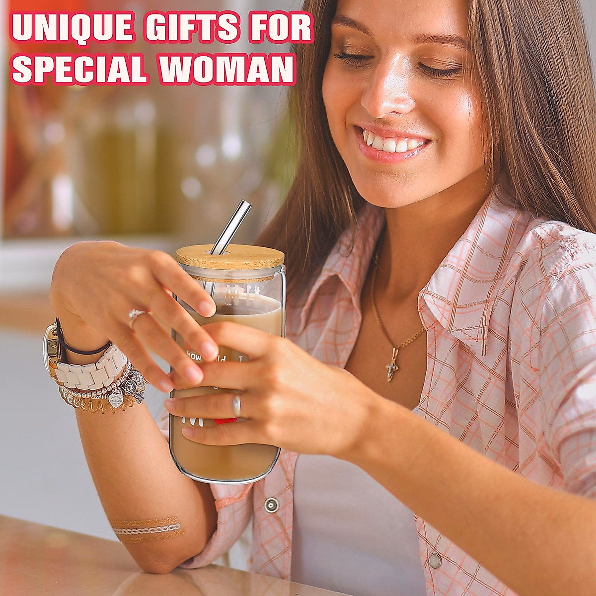 Yetene 2 Pcs Mother's Day Gifts 16 oz Coffee Glass Cup and Mom Keychain for Mama Coffee Mug with Straw and Lid Mom Birthday Gifts from Daughter Son