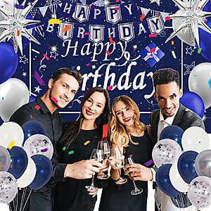 Navy Blue Birthday Decorations for Men Boys Women Girls, 80 PCS Blue and Silver Party Decorations, Happy Birthday Backdrop Banner Party Supplies Blue Silver Confetti Star Balloons Arch Tablecloth