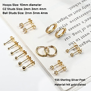 FASACCO 14K Gold Stud Earrings Set Sterling Silver Hypoallergenic Gold Earrings for Multiple Piercing Earrings Studs Set