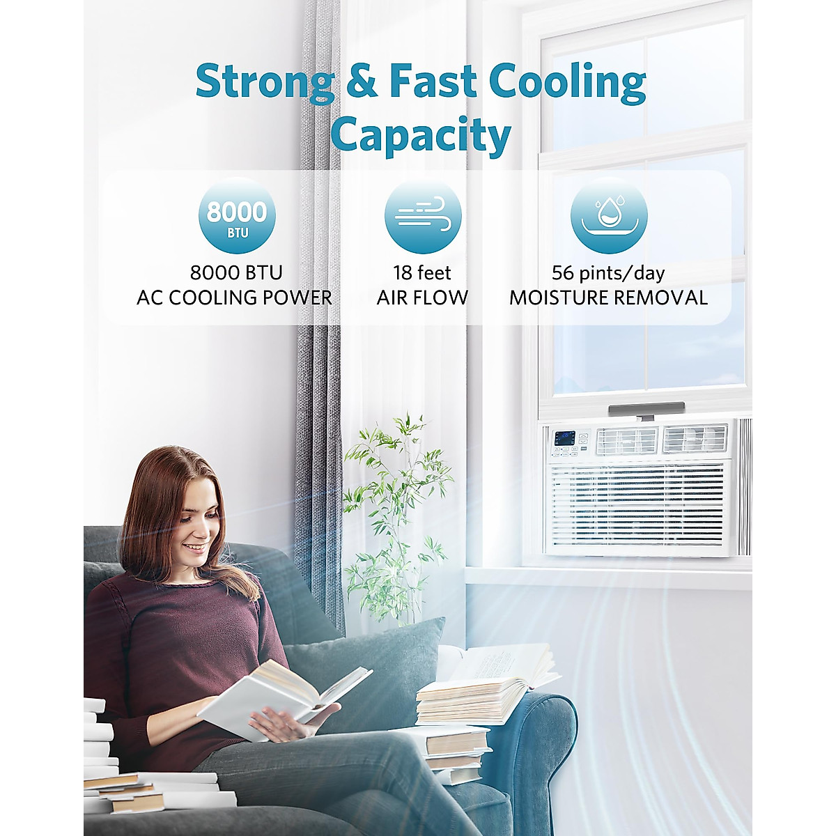 Joy Pebble 8000 BTU Window Air Conditioner, Window Air Conditioner for Room Cools Up to 350sq.ft, Window AC Unit with Cooling, Dehumidifier and 3 Fan Speed, 24-Hour Timer & ECO Mode