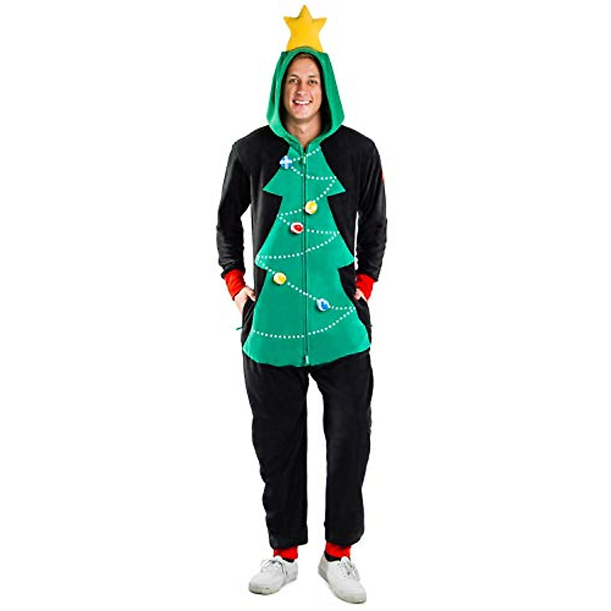 Tipsy Elves Men's Christmas Game Cozy Jumpsuit - Cozy Christmas Tree Onesie w/Velcro Balls : XL