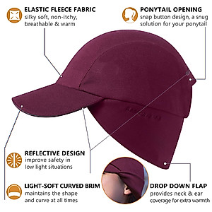 GADIEMKENSD Winter Fleece Hats Reflective Ponytail Hat for Women Baseball Caps with Earflap Drop Down Ear Warmer Mens Skull Cap Beanie with Visor Cold Hat for Outdoor Hiking Running Snow Ski Wine Red