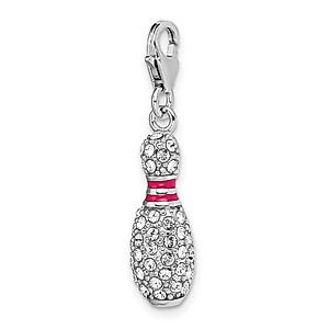 Amore La Vita Sterling Silver Rhodium-plated Polished 3-D Reversible Enameled Bowling Pin Charm with Fancy Lobster Clasp QQCC314