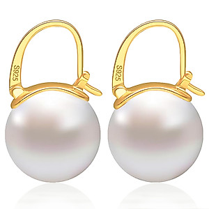 HUGE TOMATO Pearl Earrings for Women Trendy, 14mm 925 Sterling Silver Pearl Drop Earrings Fashion, 14K Gold Plated Hypoallergenic Large White Shell Pearl Hoop Earring Dangle Jewelry for Wedding Gift