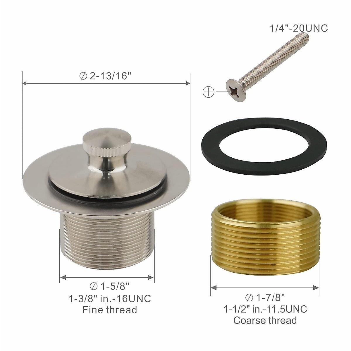 All Metal Tub Drain and Overflow Kit with Single Hole Overflow Faceplate, Welsan Universal Lift & Turn Bathtub Drain Kit with Fine/Coarse Thread Conversion Twist Trim Kit Assembly-Brushed Nickel