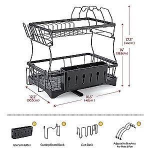 Dish Drying Rack, 2 Tier Dish Racks for Kitchen Counter, Dish Drainer Dish Rack with Pots & Pans Holder, Large Dish Drying Rack with Drainboard Utensil Holder Cup Holder Cutting Board Holder - Black