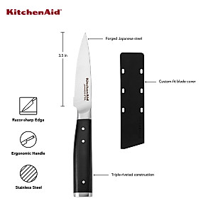 KitchenAid Gourmet Forged Triple Rivet Serrated Paring Knife with Custom-Fit Blade Cover, 3.5-inch, Sharp Kitchen Knife, High-Carbon Japanese Stainless Steel Blade, Black