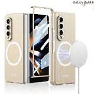 Ultra Slim Magnetic Wireless Charging Case with Glass Screen Protector for Samsung Galaxy Z Fold 3 5G 2021 Shockproof Anti-Scratch Full Cover Case(Gold)