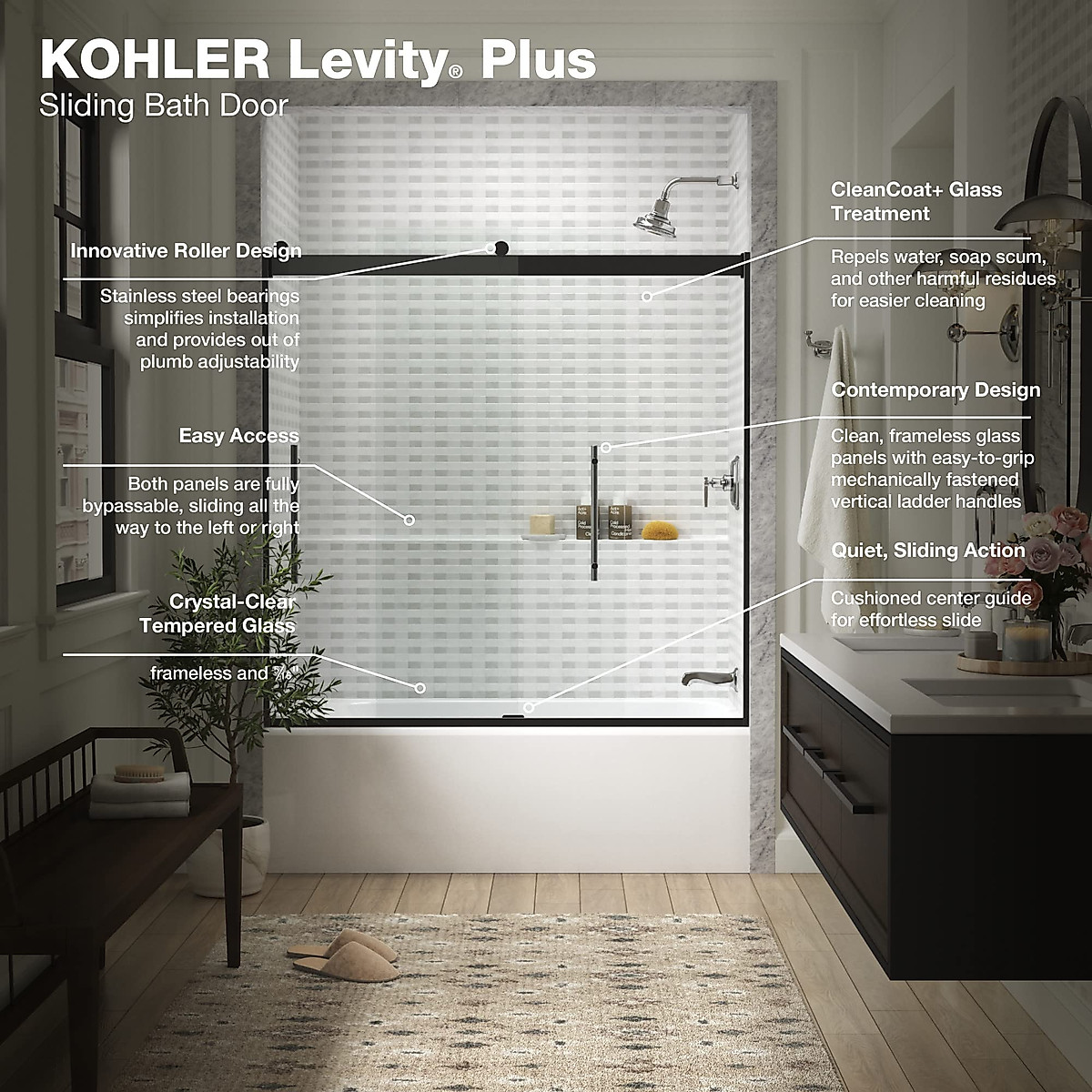 KOHLER 702419-L-BL LEVITY™ PLUS 5/16 BATH DOOR 62x59-5/8 with Vertical Ladder Handle in Matte Black