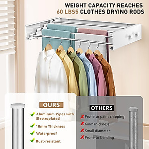 CRJKIJ Wall Mounted Laundry Drying Rack for Clothes - Foldable Conceal Drying Rack，4 Stainless Rods Heaving 48 lb Capacity (White, 23.6")